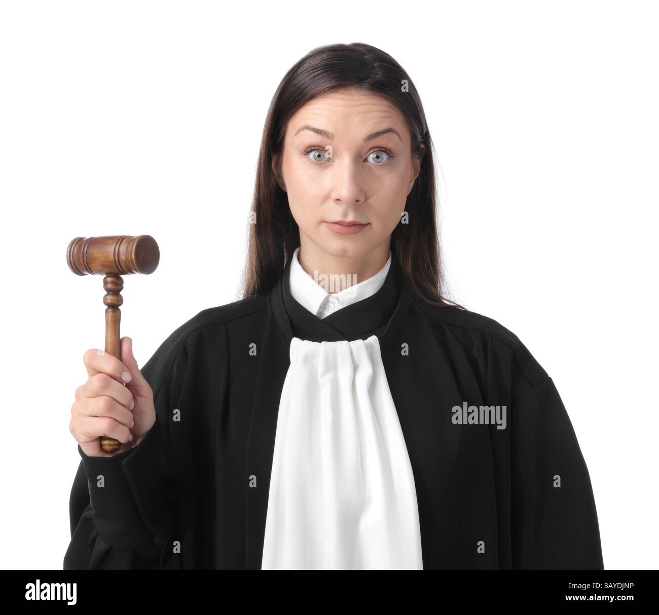Portrait of judge with mallet on white background Stock Photo - Alamy