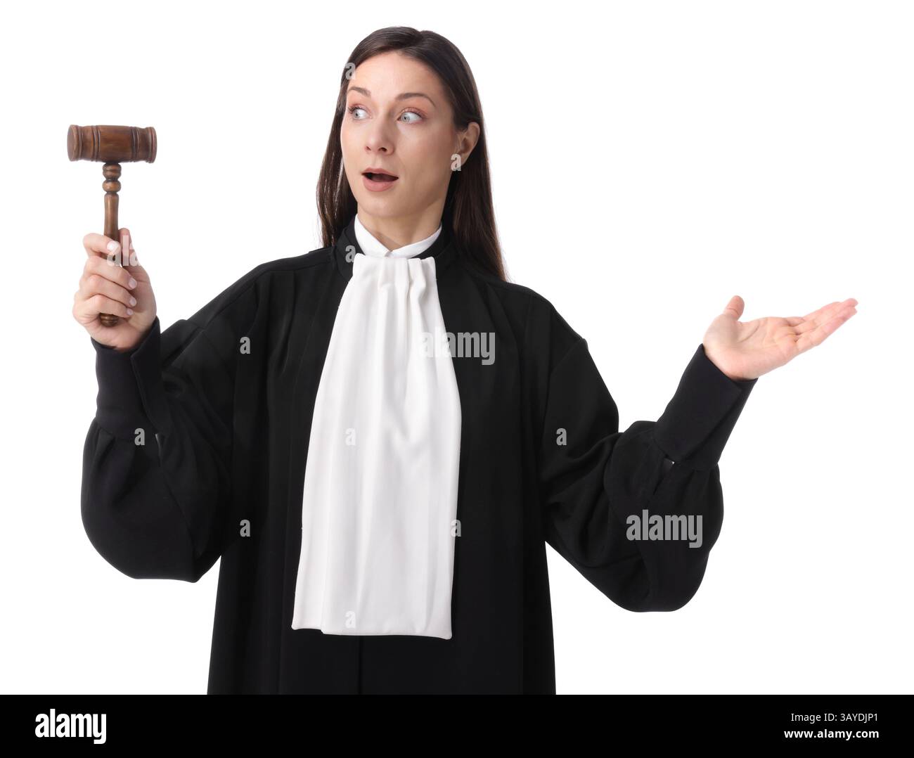 Surprised judge with mallet on white background Stock Photo - Alamy