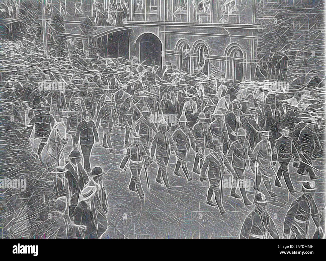 A large procession of marching figures, dressed in uniforms, moves ...