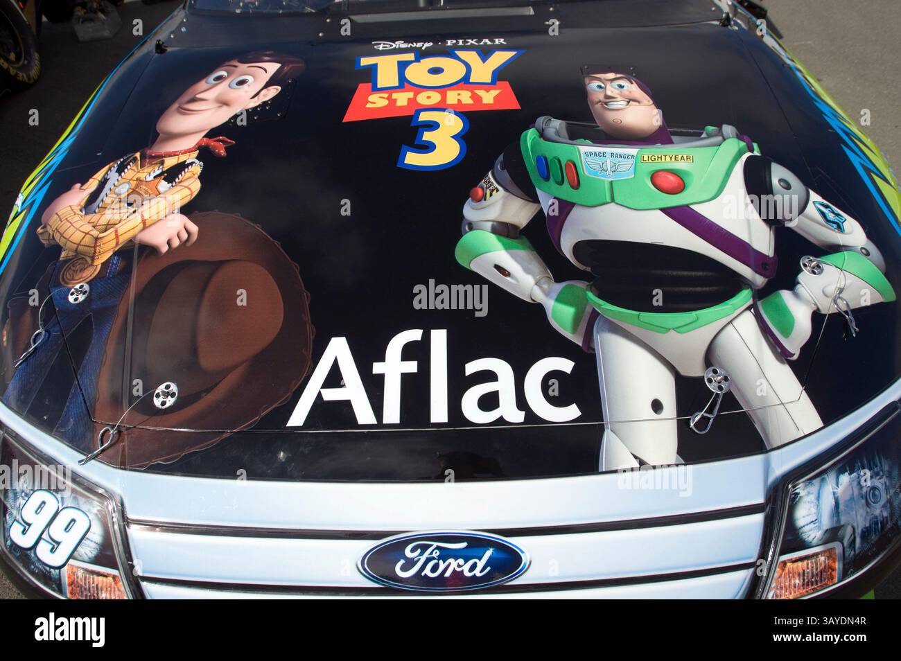 SONOMA, CA - June 18, 2010: The hood of the No. 99 Aflac car shows the ...