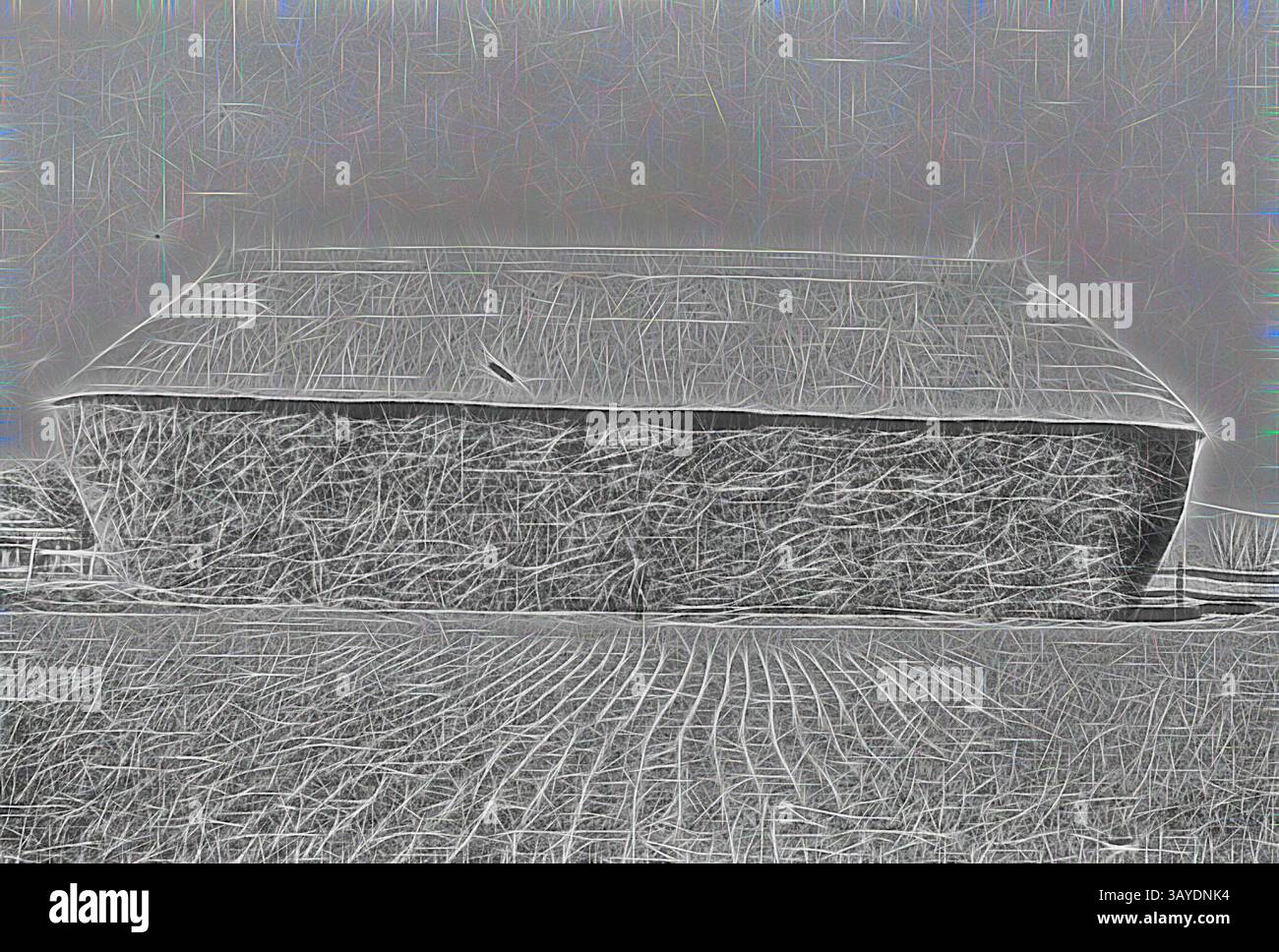 A large, textured structure stands prominently against a muted backdrop ...