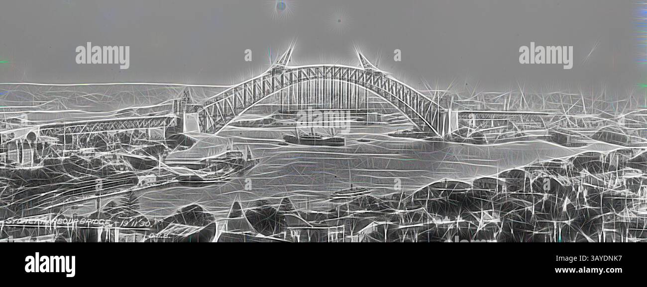 A stylized depiction of a famous bridge spans a harbor, with intricate ...