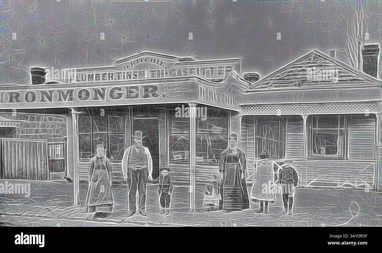 A vintage scene featuring a group of individuals standing outside a ...