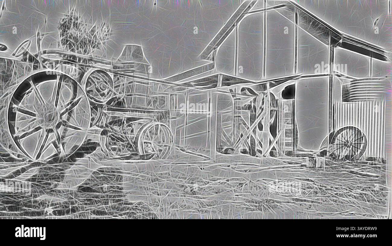 A weathered barn stands amidst vintage farm equipment, characterized by ...