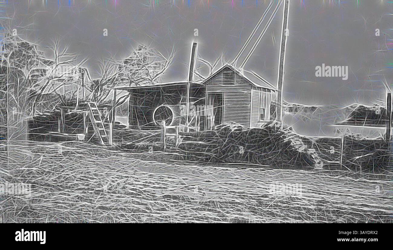 A rustic building stands amid a barren landscape, with sparse trees ...