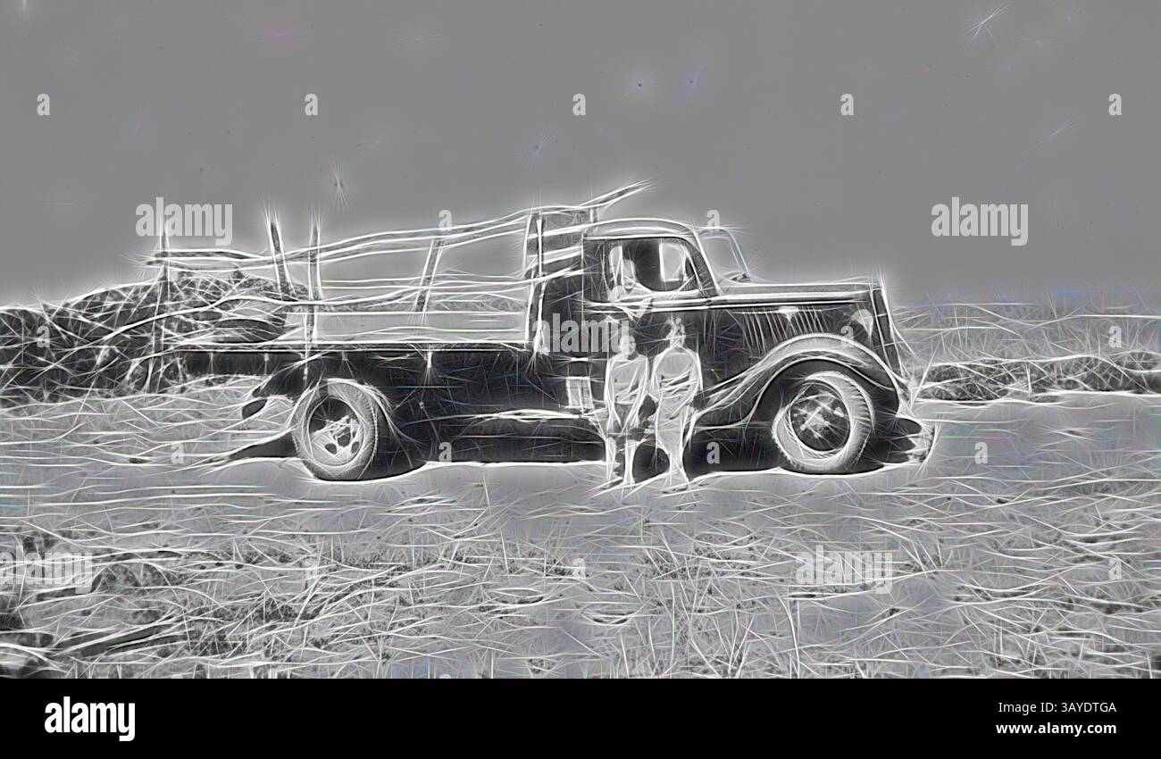 A vintage truck parked on a rugged landscape, with two figures sitting ...