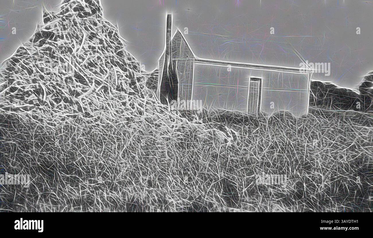 A rustic scene featuring a weathered building beside a large mound of ...