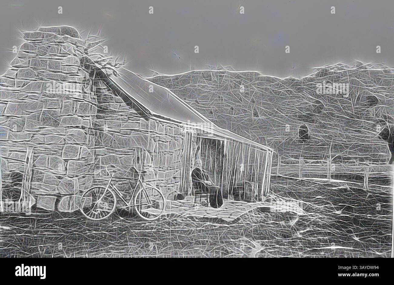 A rustic stone cottage sits in a windswept landscape, accompanied by an ...