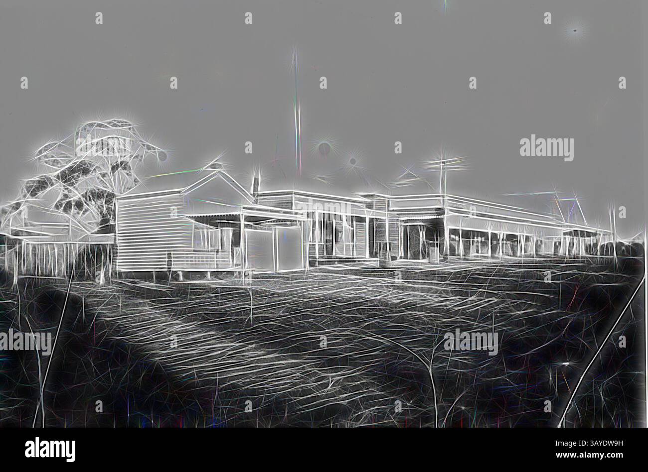 A stylized depiction of a row of buildings, featuring distinct ...
