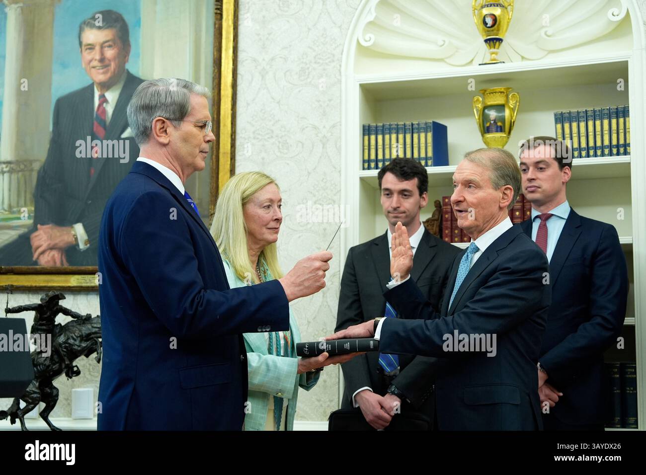 Treasury Secretary Scott Bessent performs a ceremonial swearing in of ...