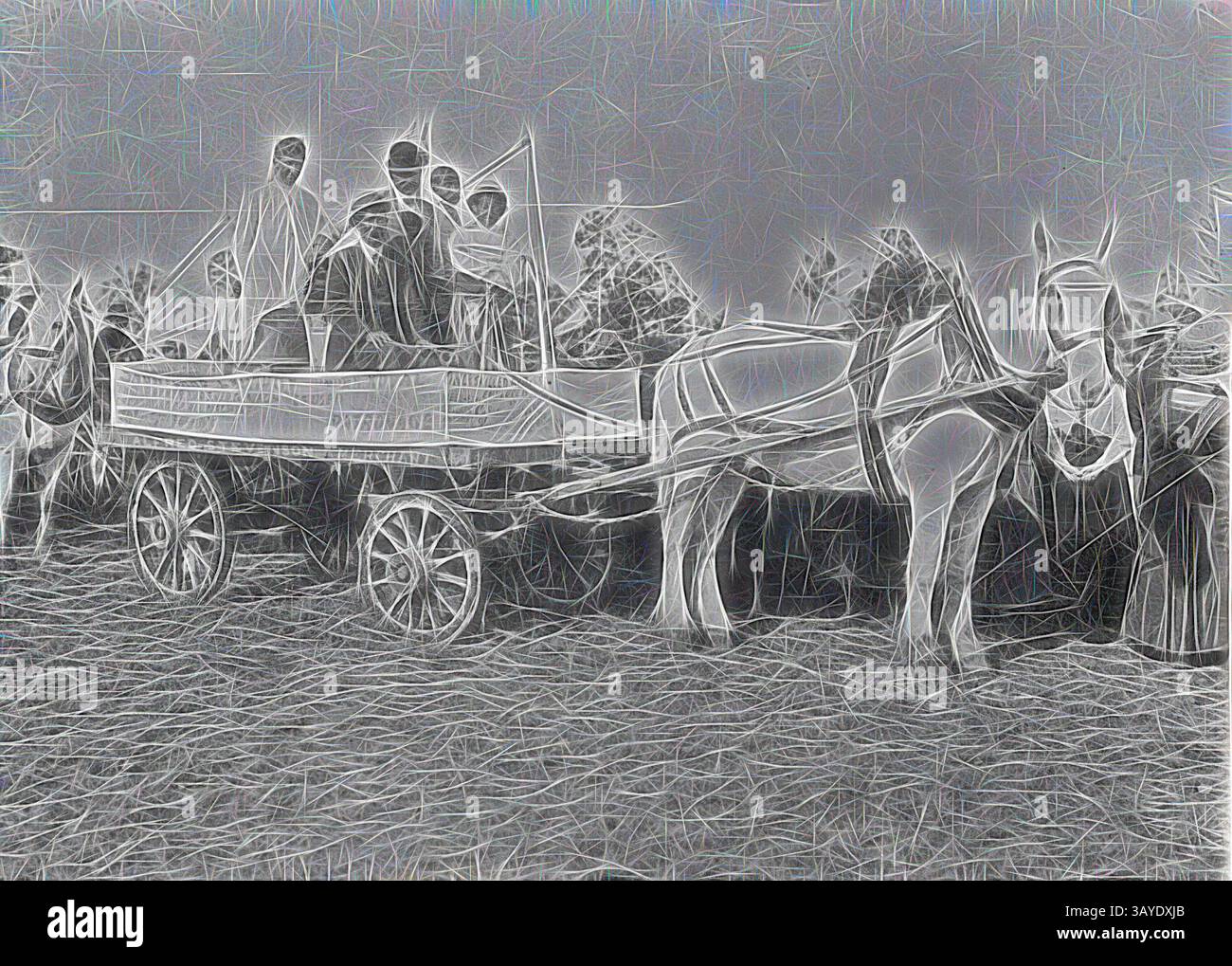 A group of people gather around a horse-drawn wagon, engaging in ...