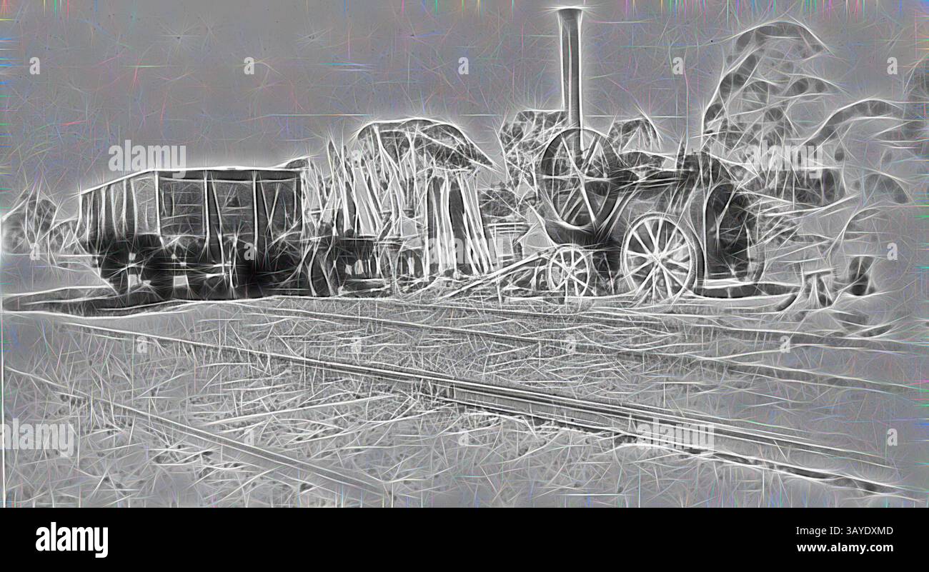A vintage steam locomotive stands beside an old freight car, surrounded ...