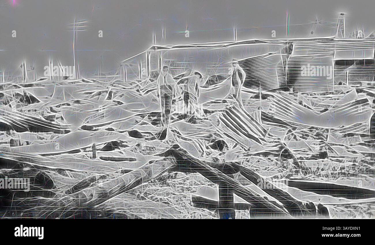 A desolate landscape marked by scattered debris and remnants of ...