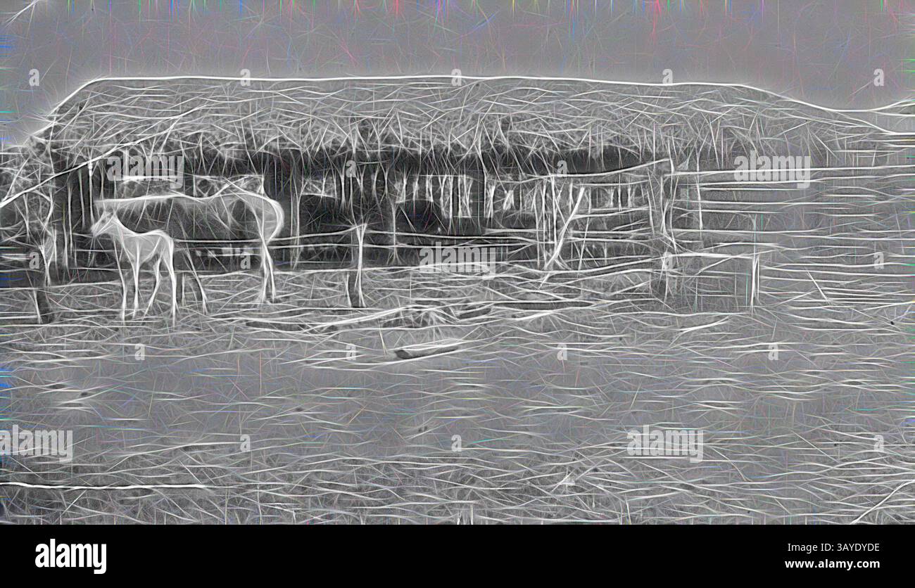 A rustic farm scene features a horse standing near a weathered barn ...