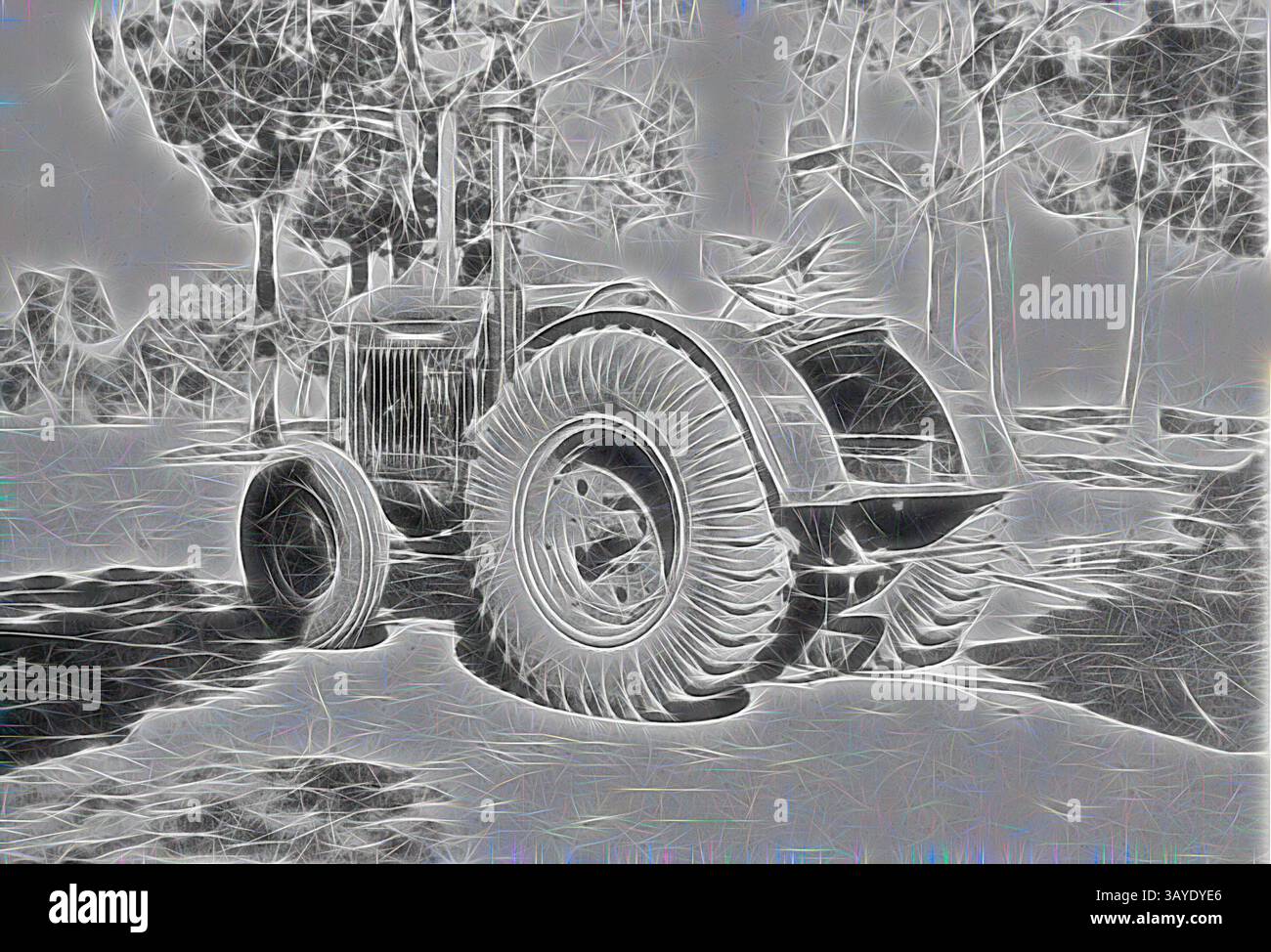 A vintage tractor stands prominently amidst a backdrop of trees ...