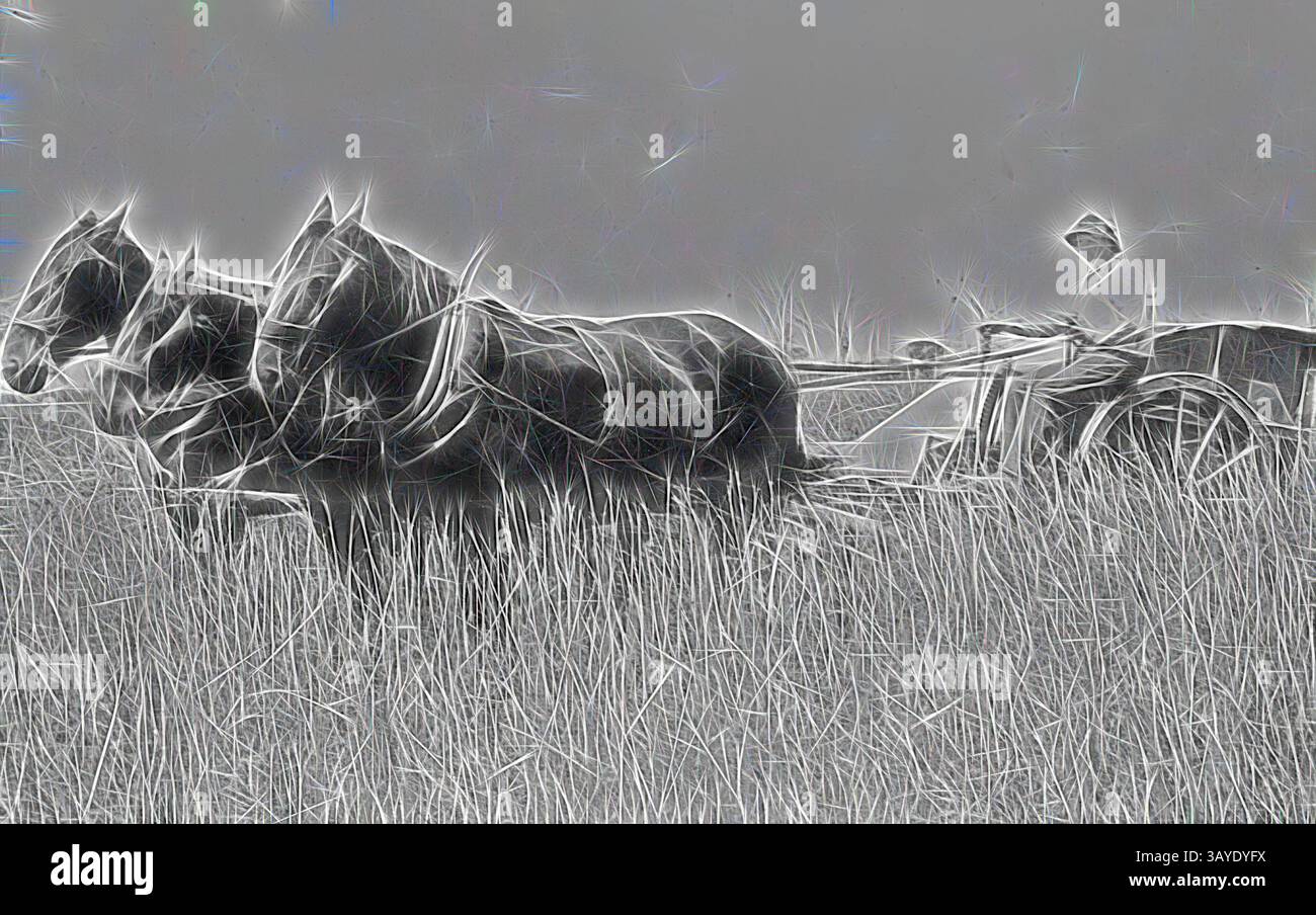 Three horses stand in a grassy field, pulling a plow as they work ...