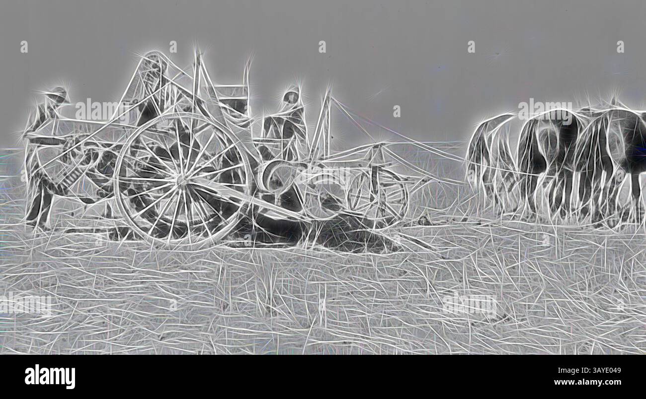 A vintage scene captures two figures working alongside a horse-drawn ...