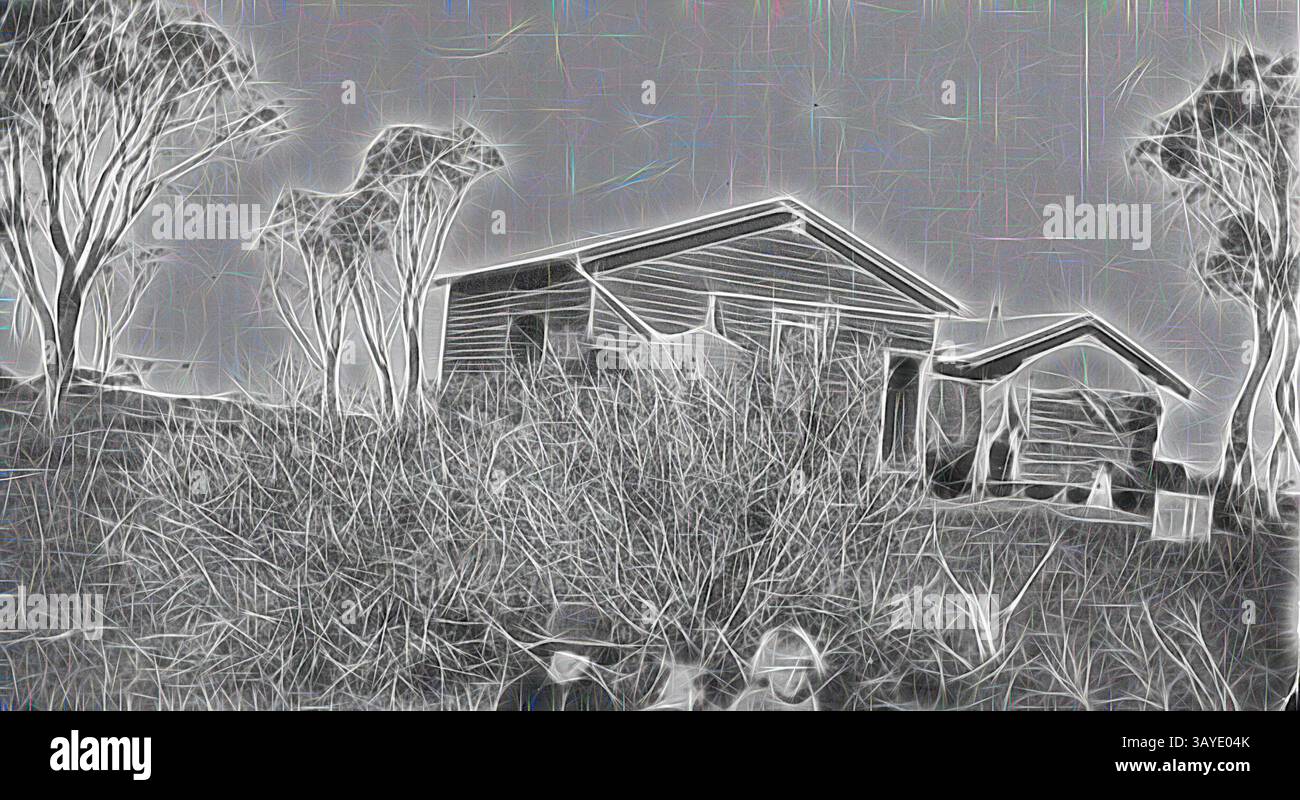 A rustic house stands amidst a backdrop of sparse trees and overgrown ...