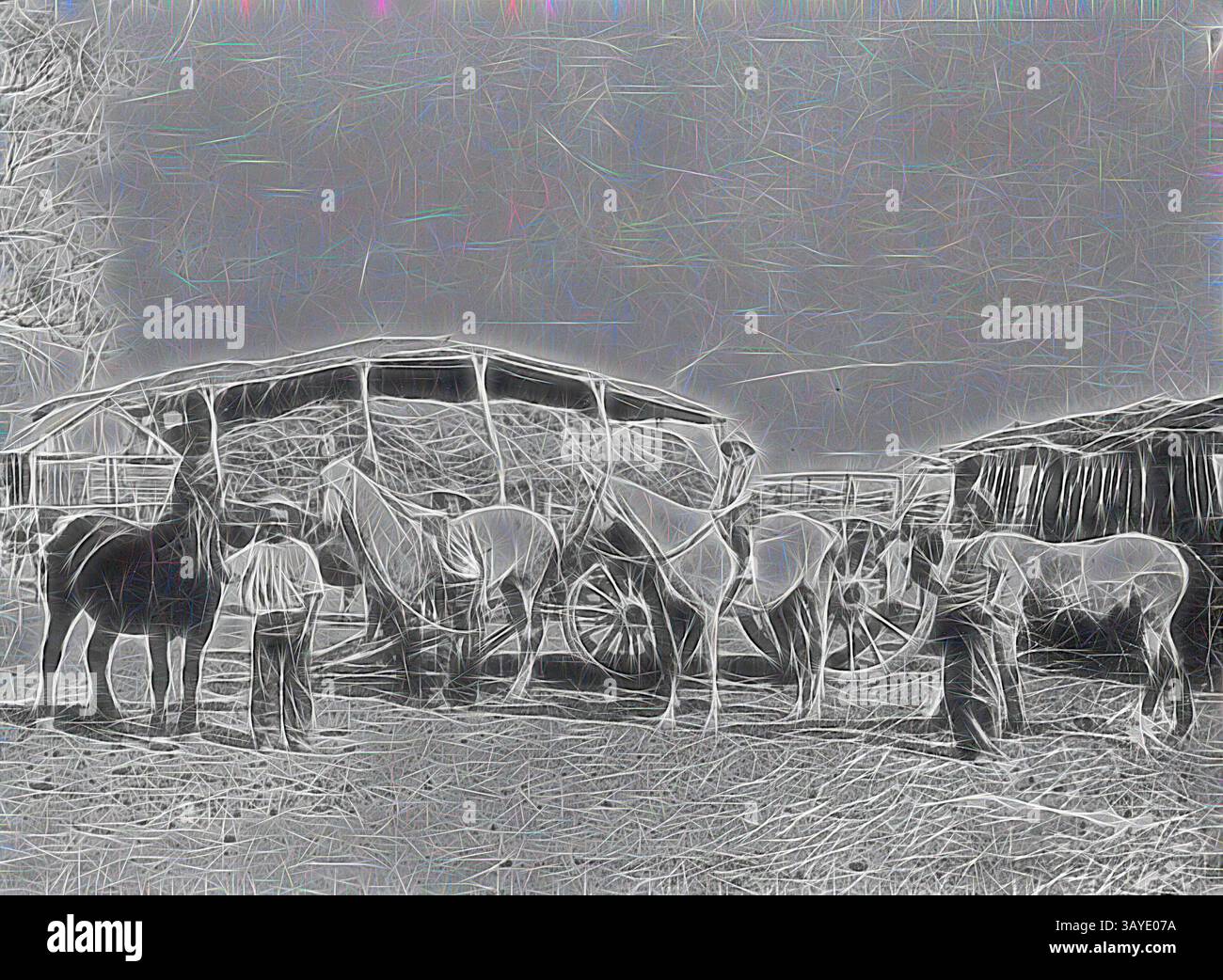A rural scene featuring horses and a wagon, with individuals tending to ...