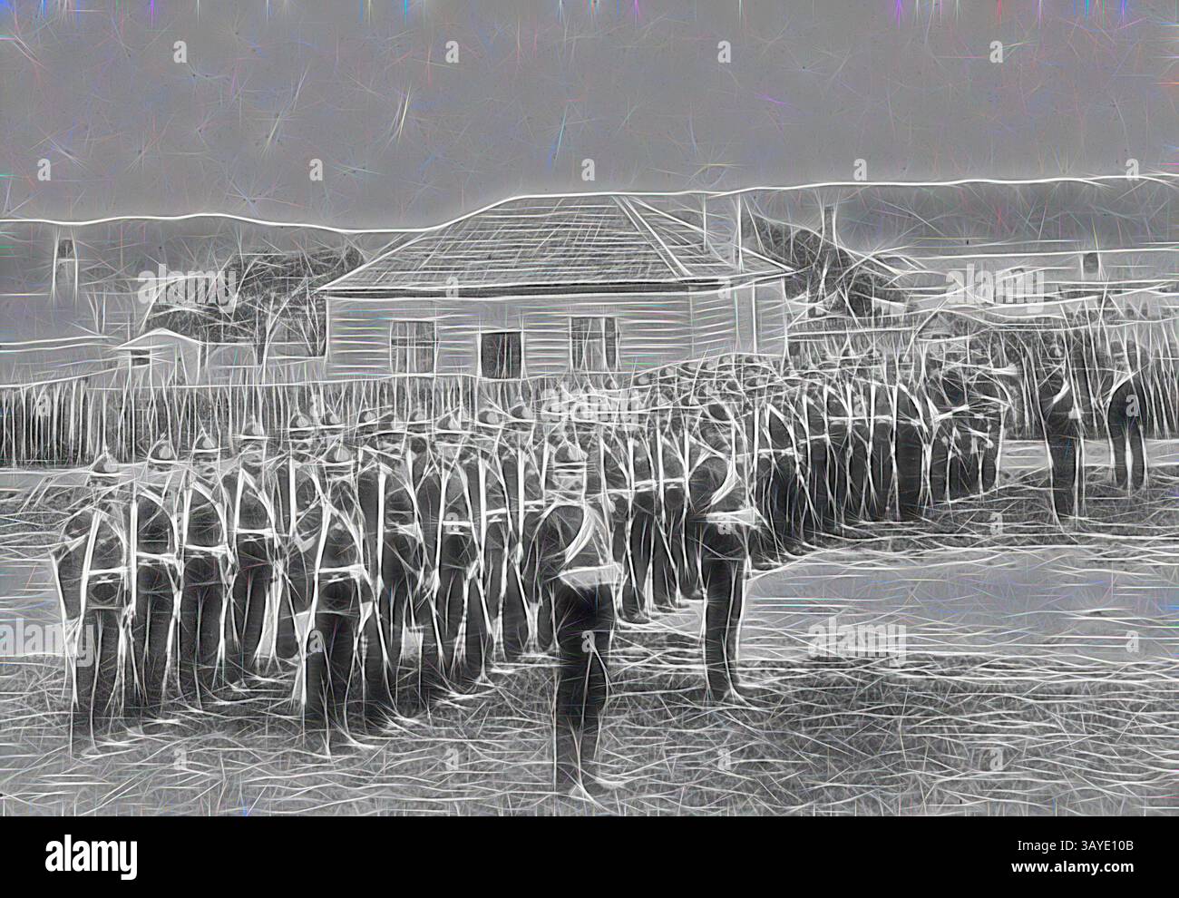 A large formation of soldiers stands in uniform attention, facing ...