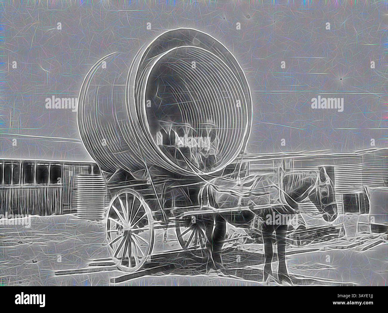 A vintage horse-drawn wagon carrying two large, circular containers ...