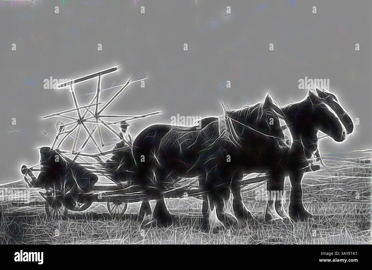 A team of horses pulls a plow through a field, with a figure guiding ...