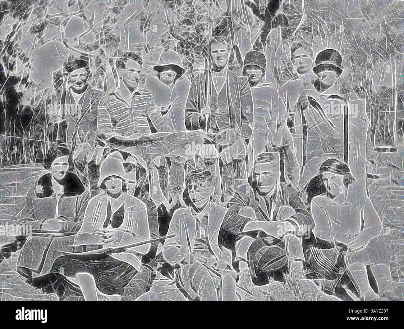 A group of individuals, dressed in early 20th-century attire, gather ...