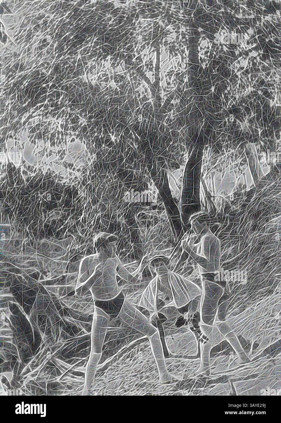 Two figures engage in an energetic activity near a large tree ...