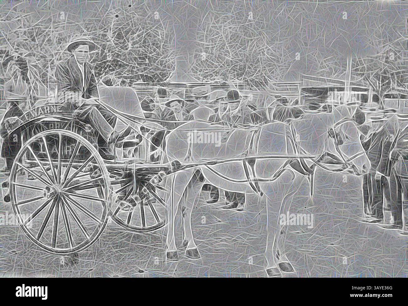 A horse-drawn carriage stands still with a man in period attire sitting ...