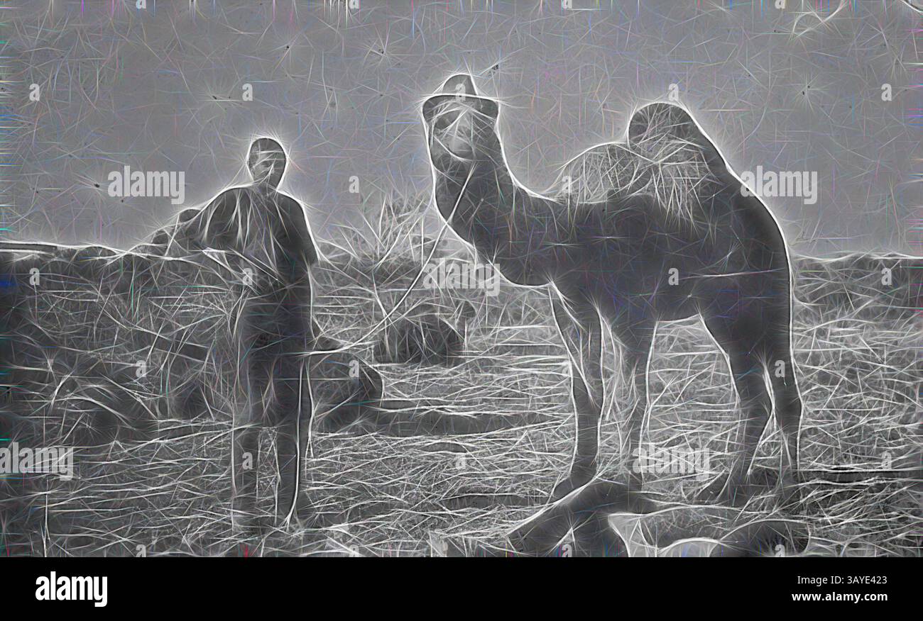 A figure stands beside a camel in a rugged landscape, with a backdrop ...