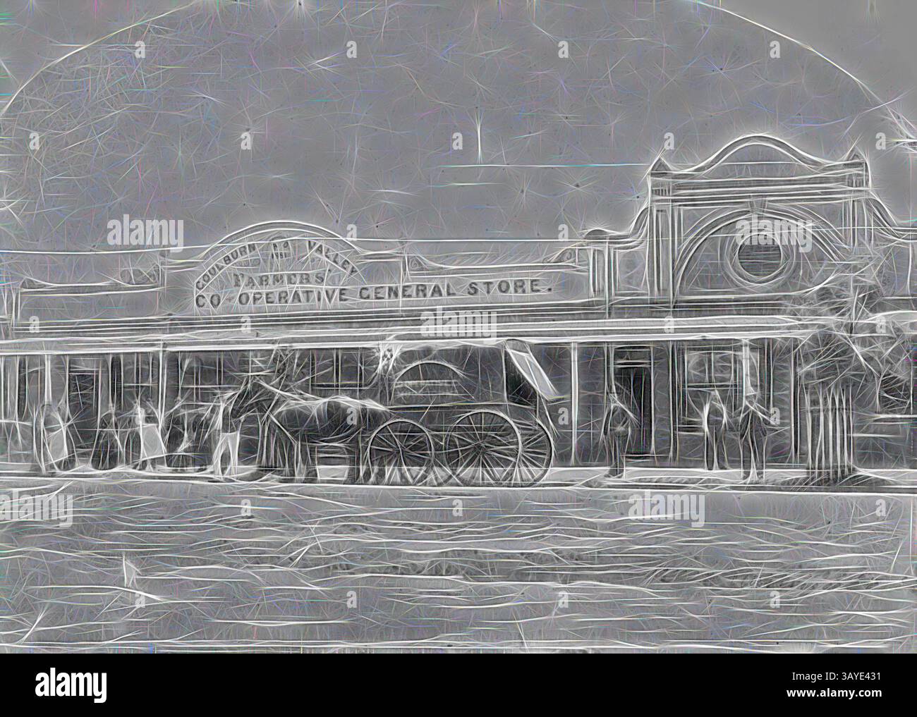 A vintage general store features a horse-drawn carriage at its entrance ...