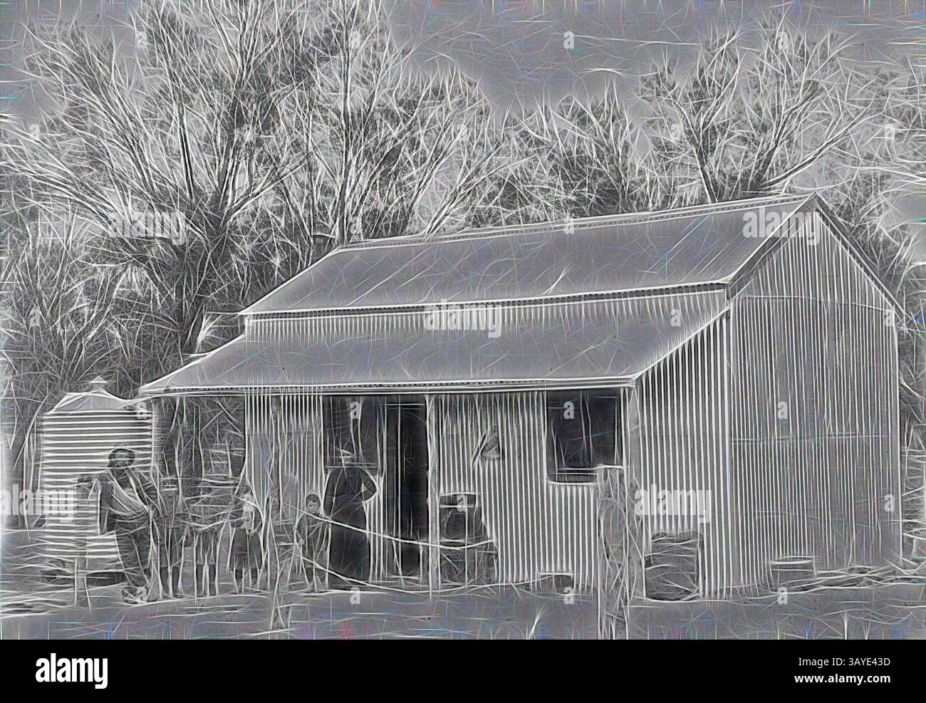 A rustic metal shed stands surrounded by trees, with several figures ...