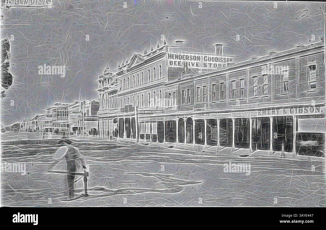 A historical street scene featuring a row of vintage storefronts with ...