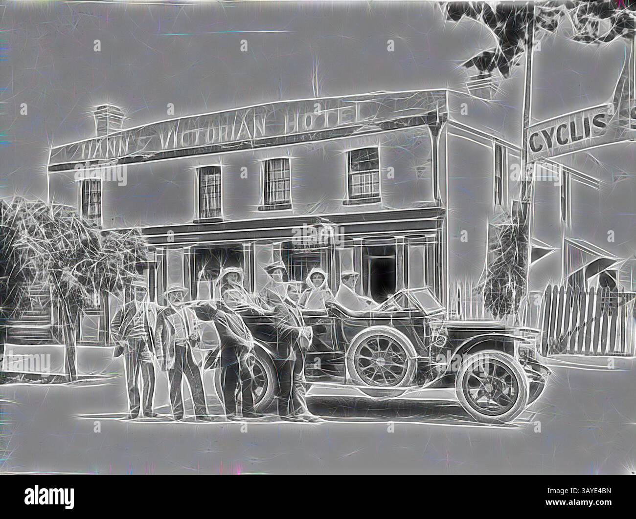 A vintage scene featuring a classic car parked in front of a historic ...