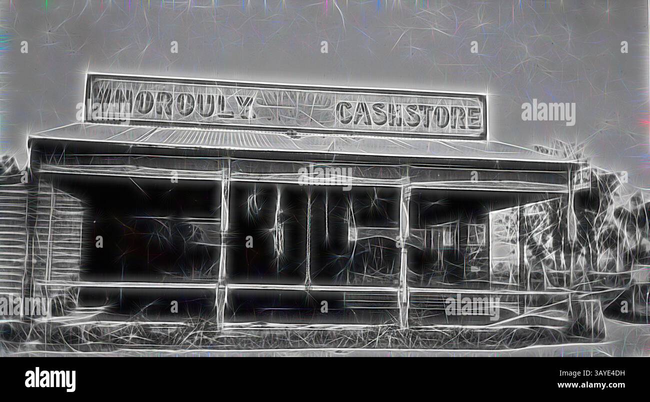 An old store front featuring a prominently displayed sign reading ...