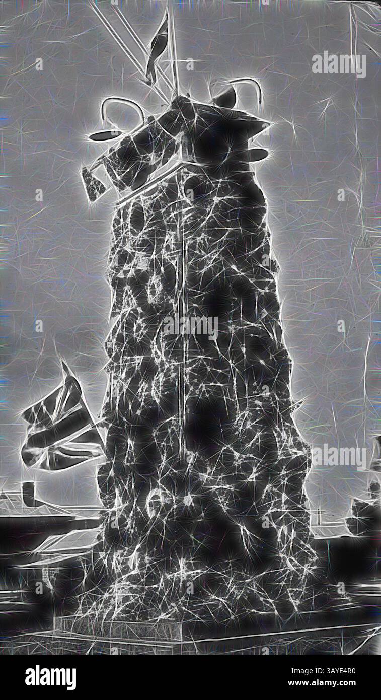 A tall structure adorned with flags stands prominently, surrounded by ...