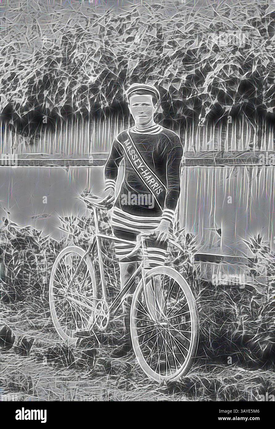 A cyclist stands beside a vintage bike, wearing a sporty outfit with a ...