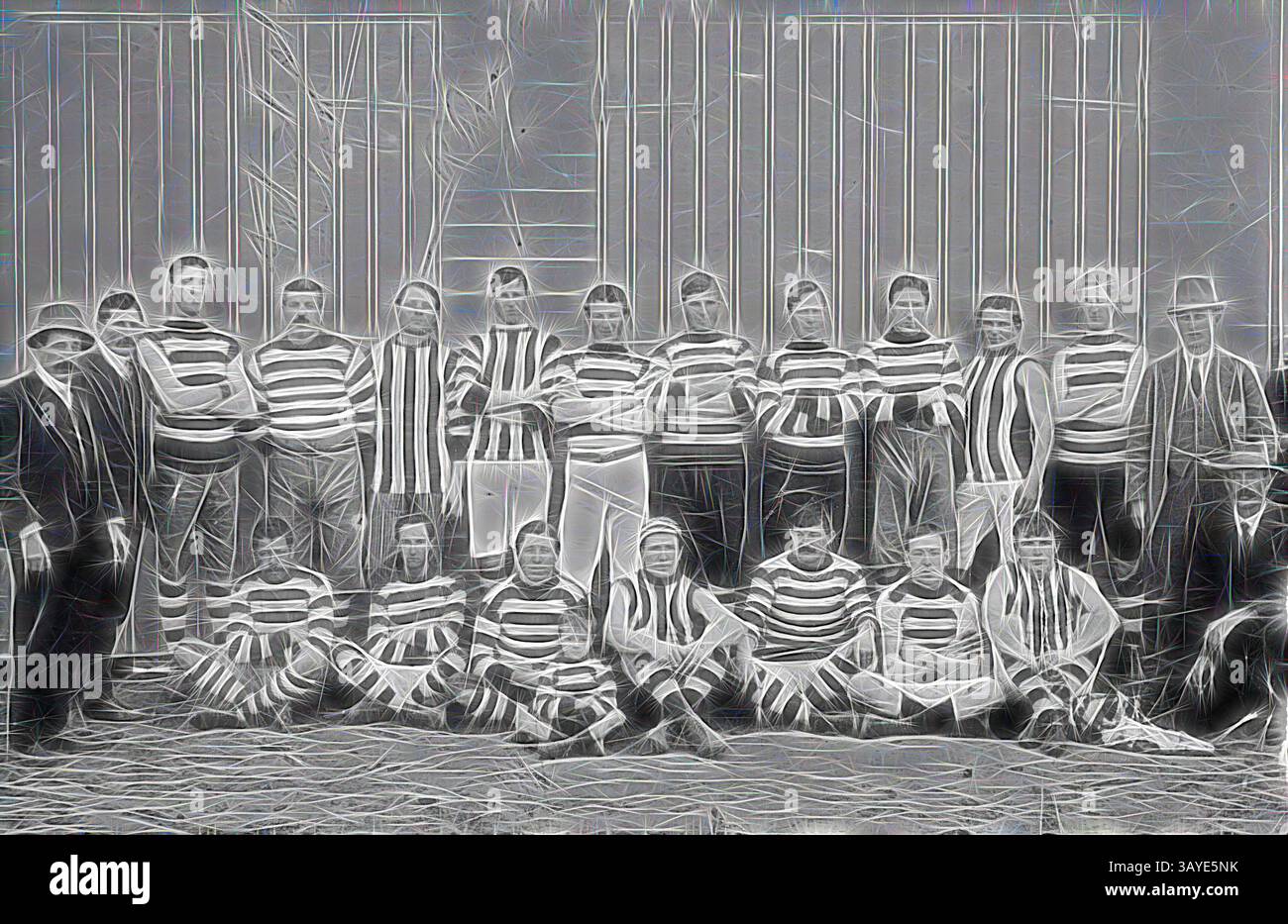 A historic sports team poses together, wearing distinct striped ...