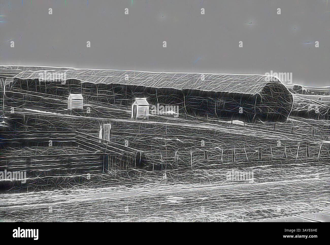 A stylized depiction of a rural landscape features a large barn set ...