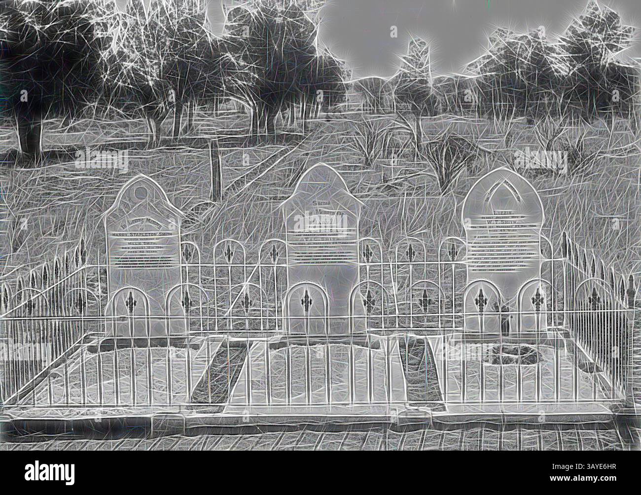 A serene cemetery scene featuring three ornate gravestones enclosed by ...