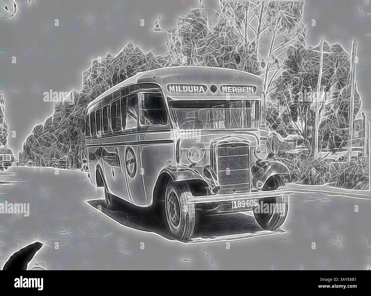 An old-fashioned bus with a classic design, featuring destinations ...