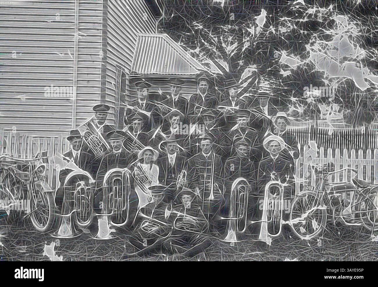 A historical group portrait featuring a brass band, complete with ...