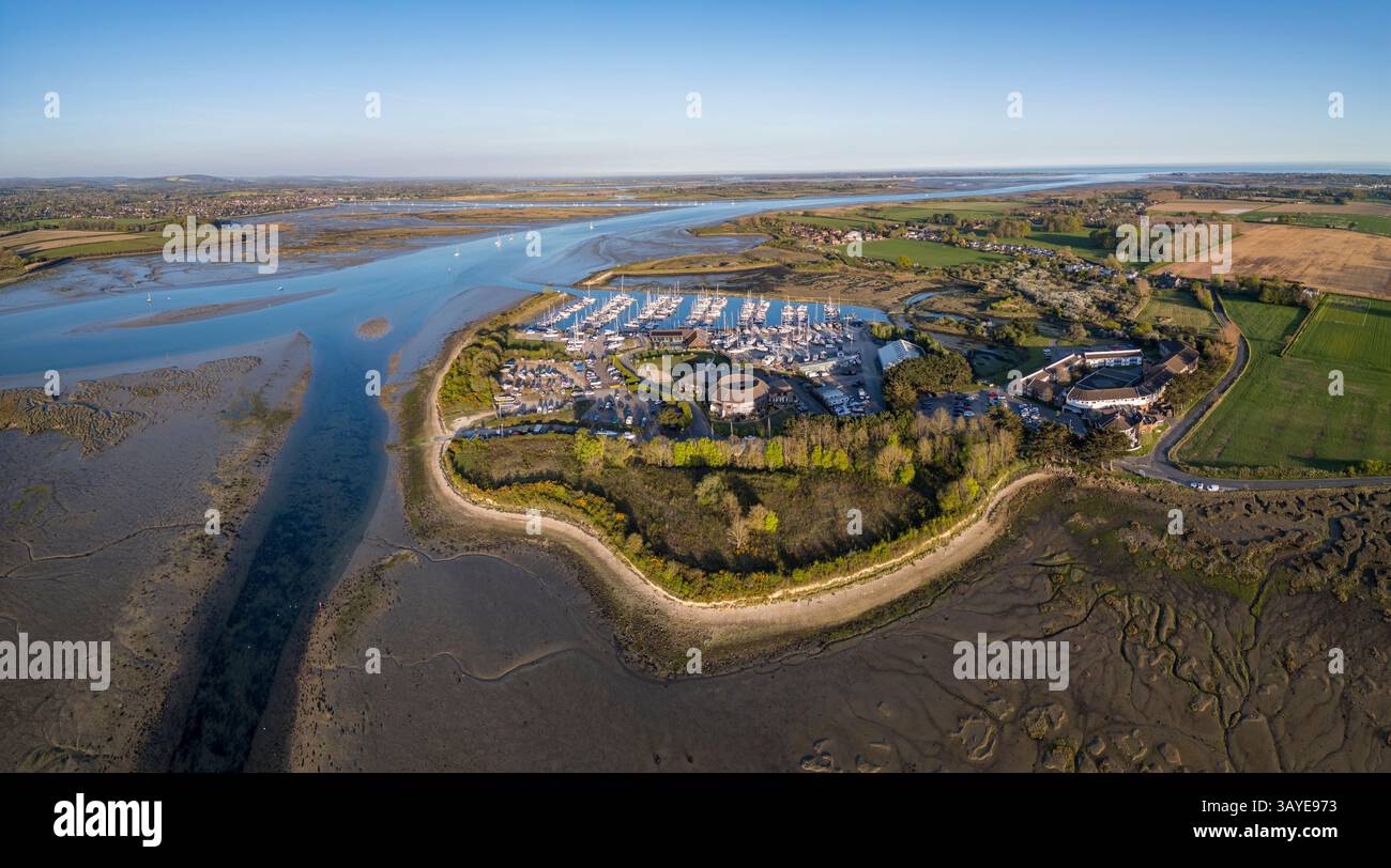 Aerial panoramic view of Northney Marina, Hayling Island, Hampshire, UK ...