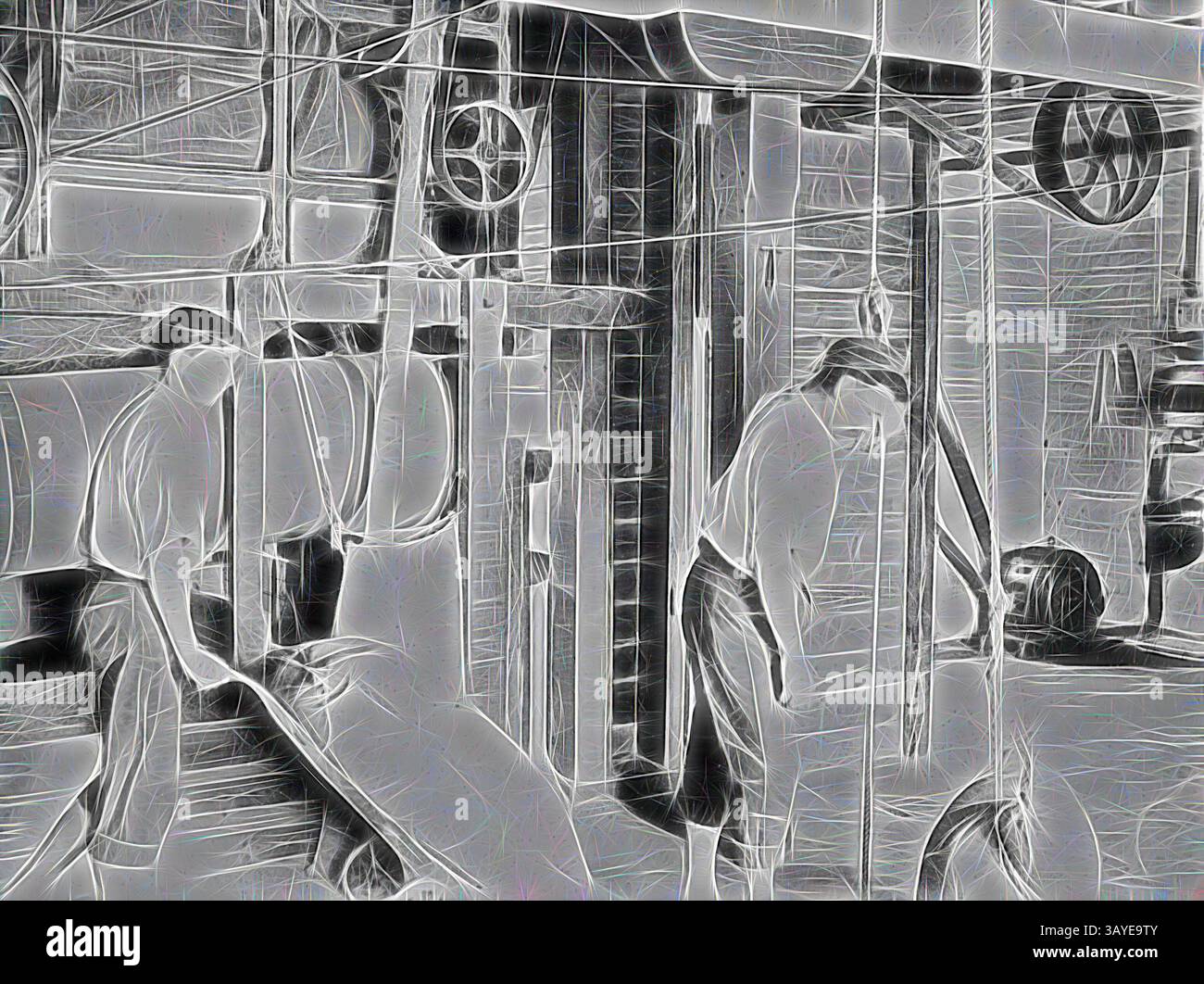 Two figures are engaged in a physical workout, surrounded by gym ...