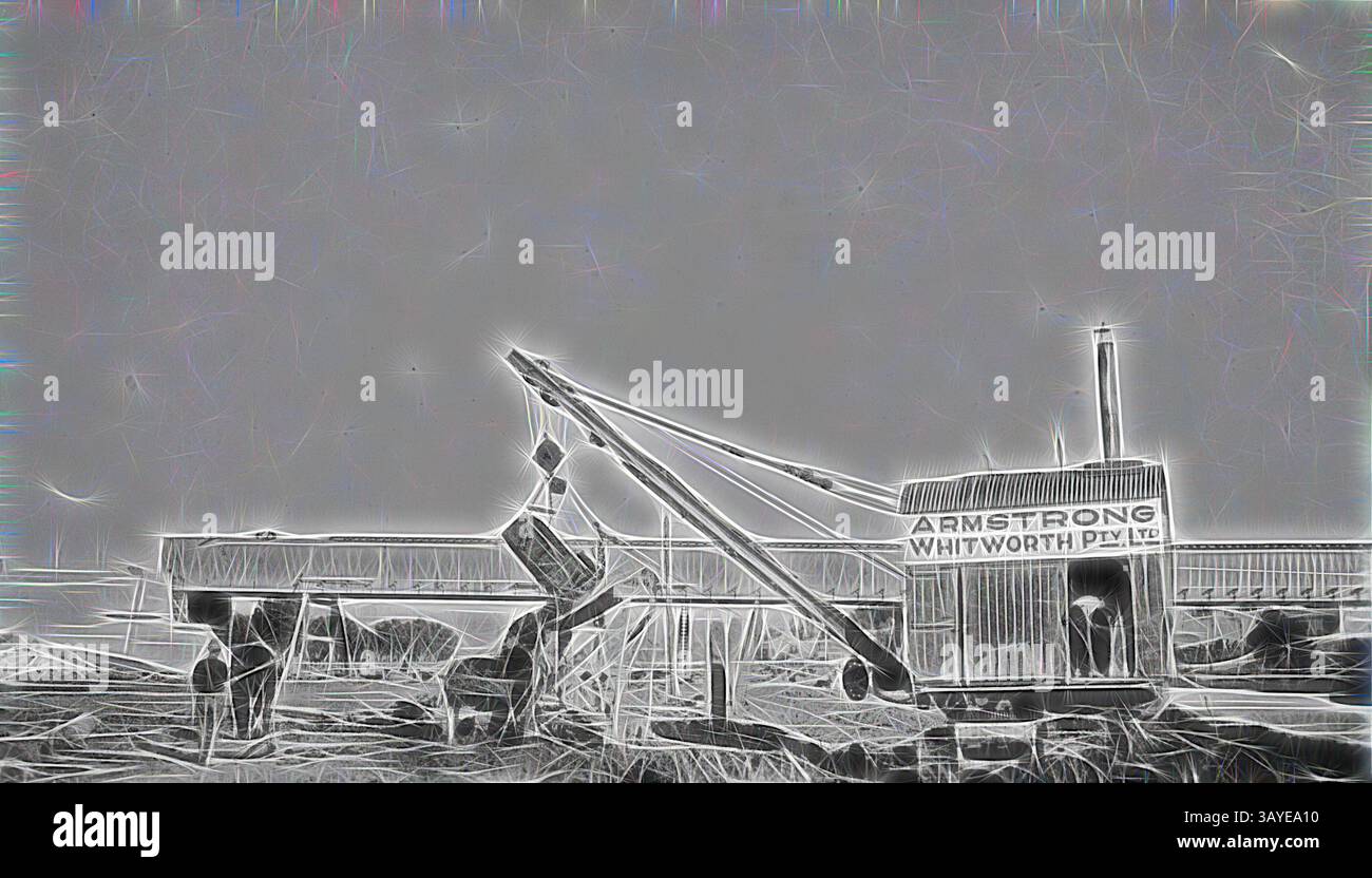 A vintage construction scene featuring a towering crane, with workers ...