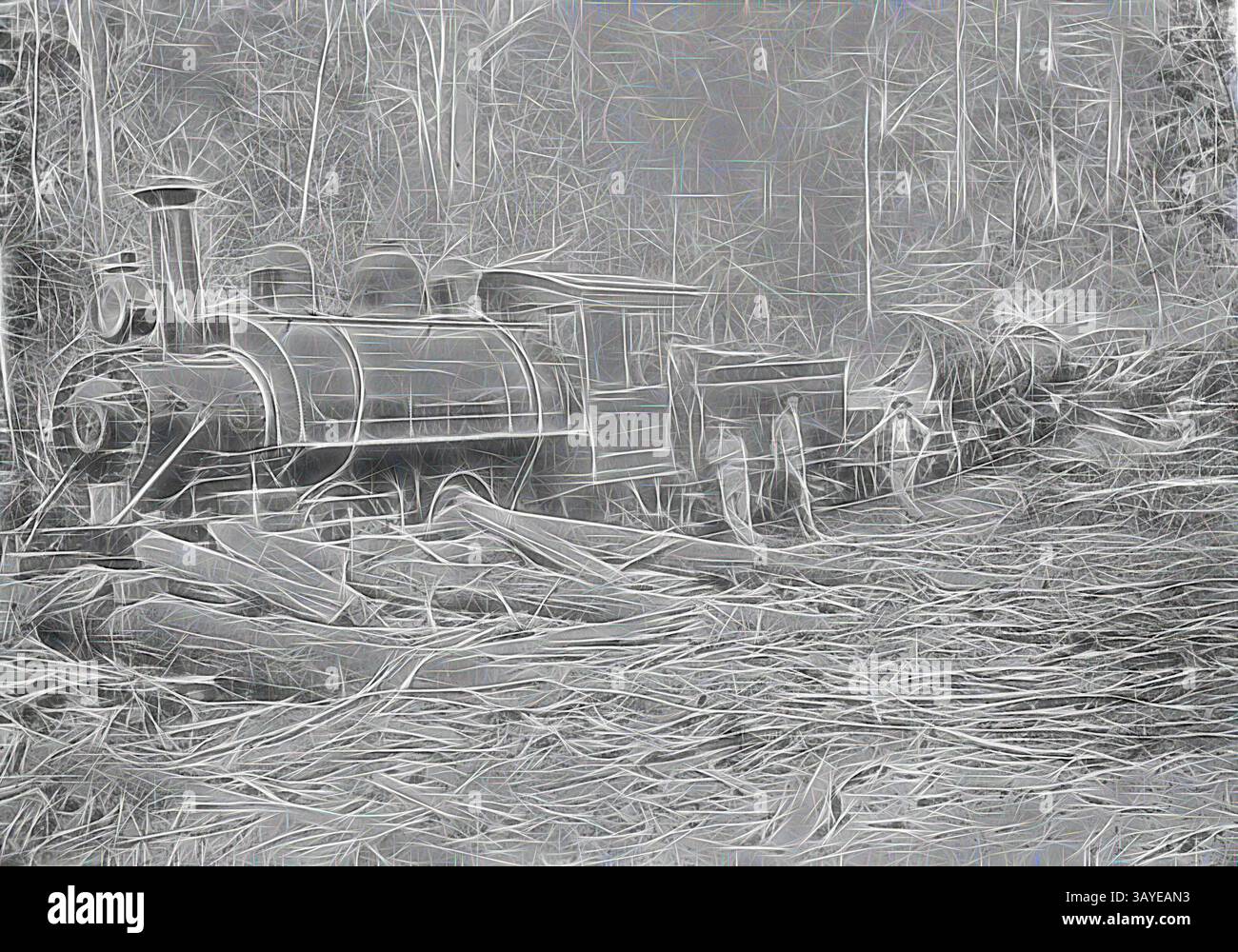 An old steam locomotive stands beside a stack of logs, surrounded by a ...