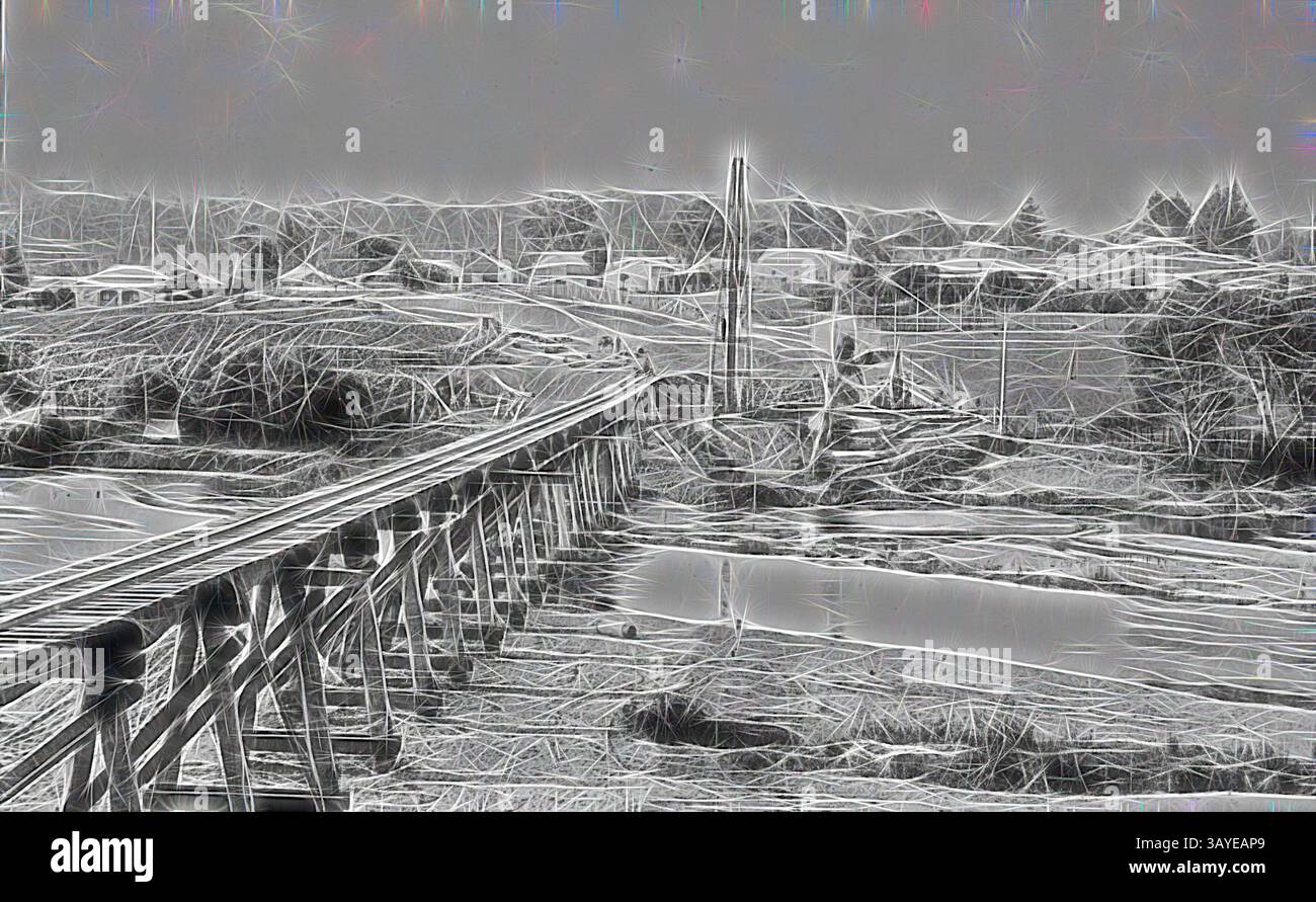 A rustic wooden bridge stretches across a tranquil waterway, leading ...