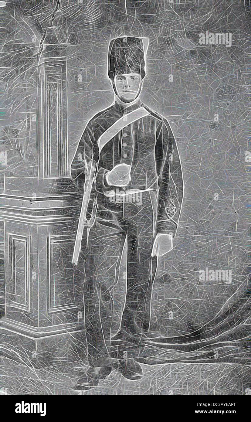 A soldier stands at attention, dressed in an elaborate uniform complete ...