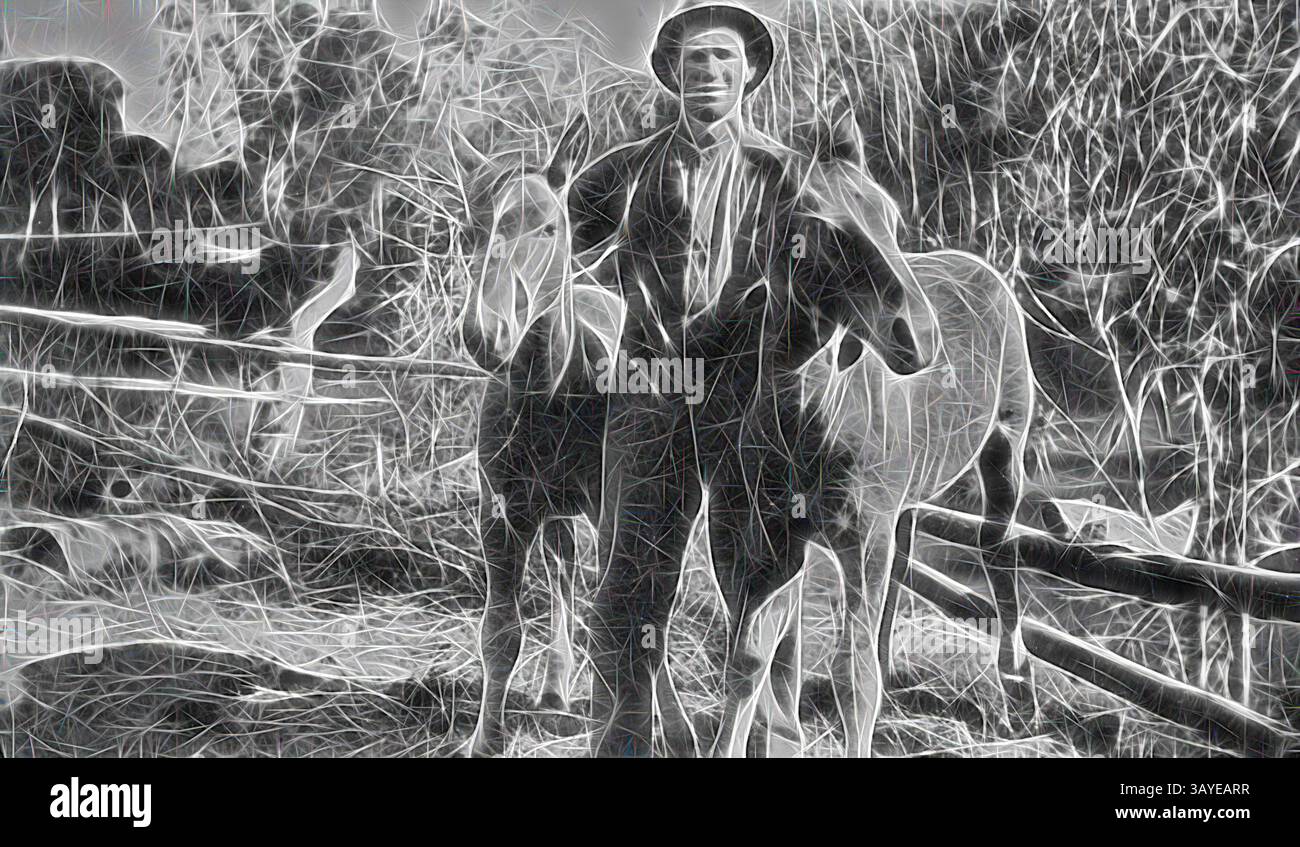 A man stands proudly between two horses, surrounded by a rustic farm ...
