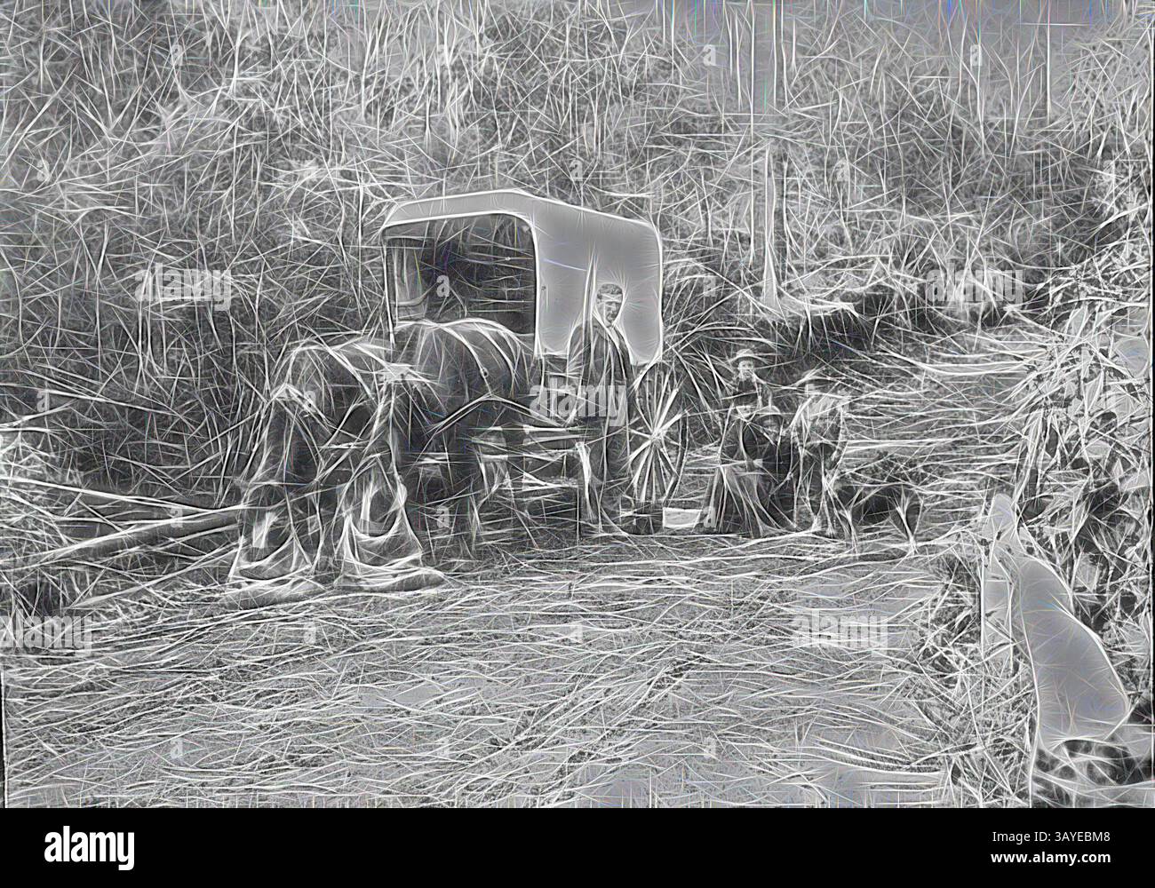 A horse-drawn cart stands beside a dirt path, where two figures are ...